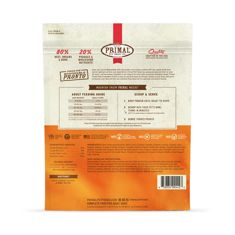 Frozen Raw Scoopable Pronto Dog Food – Beef Recipe – Primal Pet Foods